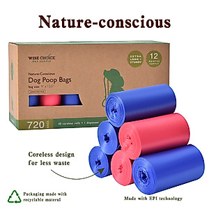 Wise Choice Pet Supply Dog Poop Bags with Dispenser and Leash Clip, Extra-Large, Extra Thick 100% Leak-Proof Pet Waste Bags, Earth Friendly, Unscented, Blue Pink, 720 Count, 13.5x9 in