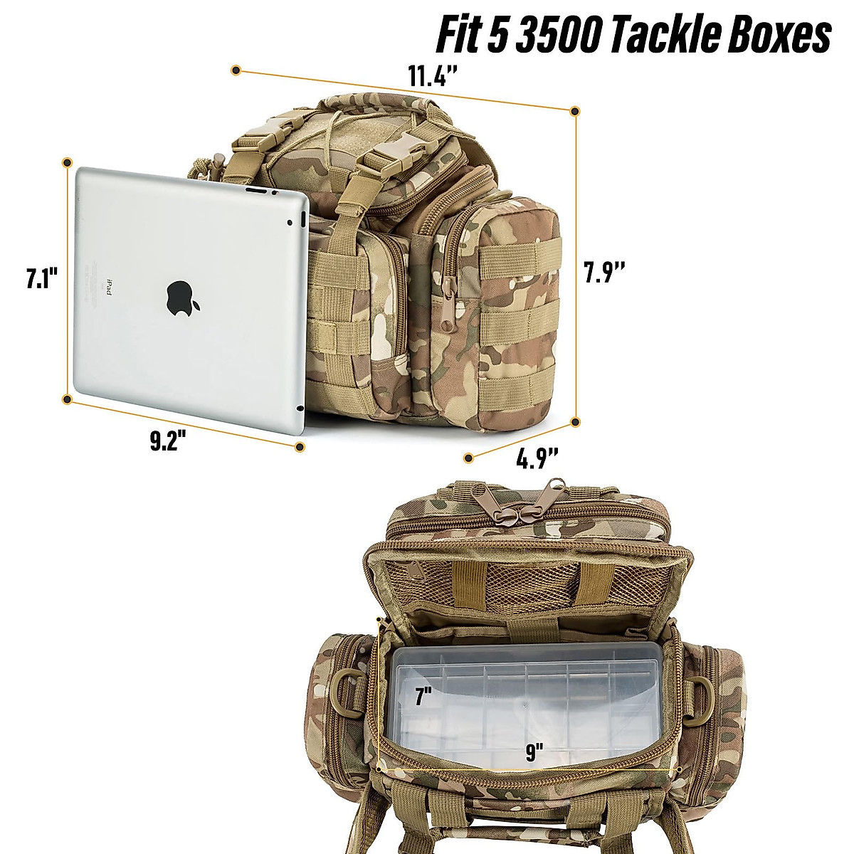 Dr.Fish Fishing Tackle Bag with 60 Fishing Lures Kit 5 Tackle Boxes and Tackles included Complete Freshwater Spinner Lures Set Bass Fishing Stocked Backpack Organizer Gear Equiment Tan Camo