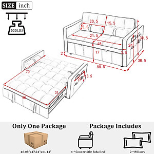 DS-HOMEPORT 3 in 1 Pull Out Convertible Sofa Bed with USB Ports - 55" Modern Velvet Sleeper Sofa with 3 Level Adjustable Backrest, Love Seat w/ 2 Pillows ＆ 2 Pockets for Bedroom (Full Size,Black)
