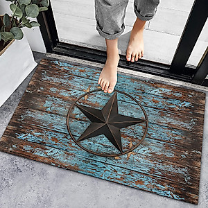 Welcome Doormat Western Country Star Texas Vintage Blue Wood Board,Non Slip Indoor Floor Mat Bath Rug,Rustic Wooden Grain Entrance Carpet for Bedroom Kitchen Living Room Bathroom Decor 16x24In