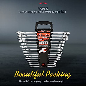 HORUSDY 15-Piece Metric Wrench Sets, V Notch Premium Combination Wrench Set Metric 8-22mm, Max Torque, 12-Point, Chrome Vanadium Steel, with Storage Rack