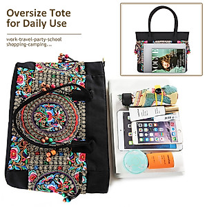 Embroidered Canvas Top Handle Handbag, Ladies Casual Vintage Shoulder Bag Fashion Tassels Handbag (Golden Flower)