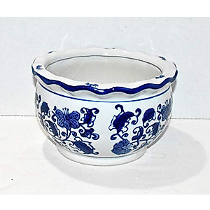 New 7.75" Cobalt Blue & White Oriental Flowers & Leaves Potbelly Bonsai Planter Pot