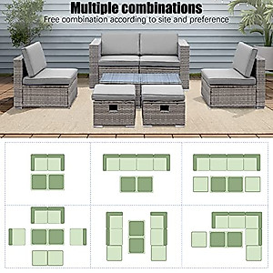 Outdoor Furniture Patio Furniture Set, 8 Pieces Wicker Rattan Conversation Sectional Sofa Couch with Comfortable Cushions for Garden Backyard Deck,Grey Wicker Denim Blue (Grey Wicker Grey Cushion)
