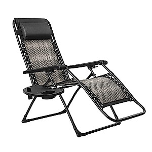 Crownland Outdoor Furniture PE Wicker Zero Gravity Lounge Folding Chair with Pillow and Cup Holder Patio Outdoor Reclining for Poolside Backyard Beach, 1 Pack, Grey