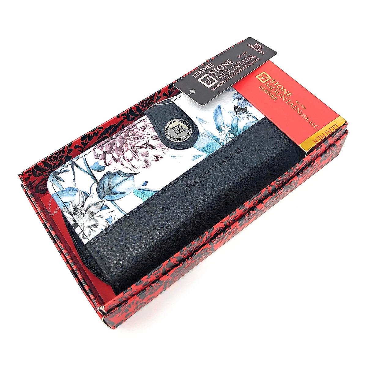 Stone Mountain Zip Around White Floral Leather Wallet in Gift Box | 7 X 4 in