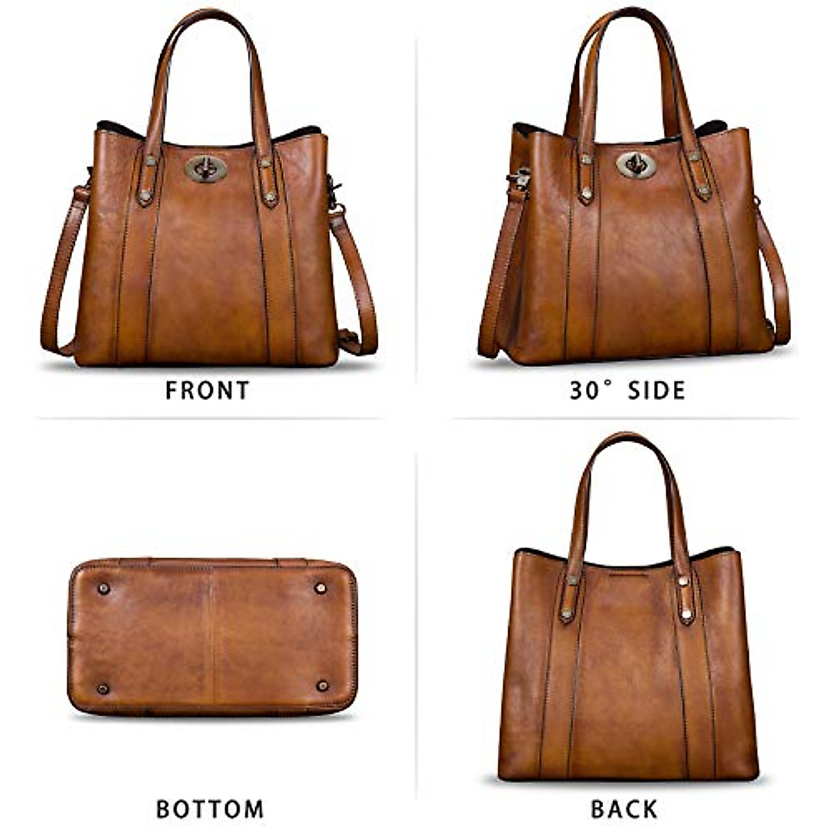 Genuine Leather Handbags for Women Satchel Purses Vintage Handmade Shoulder Bag Cowhide Top Handle Handbag Totes (Brown)