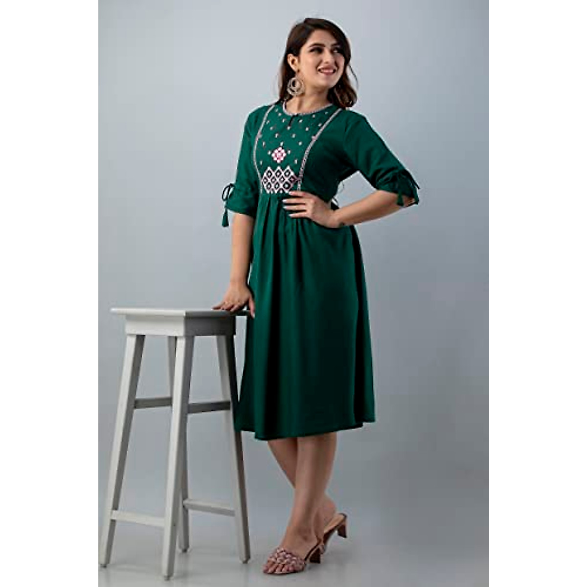JG Rayon Maxican Embroidered Peasant Women's Anarkali Rayon Gown Kurta Flared Kurti For Women -(GREEN)