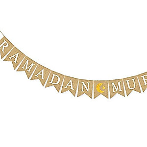 SWYOUN Burlap Ramadan Mubarak Banner Supplies with Glitter Moon and Star Signs Mantel Fireplace Decoration