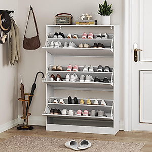 BORNOON Shoe Cabinet with 3 Flip Drawers, Hidden Wood Shoe Cabinet,Freestanding Shoe Storage Cabinet for Entryway Hallway.White. 47.2" H*31.5" W*9.25" D.