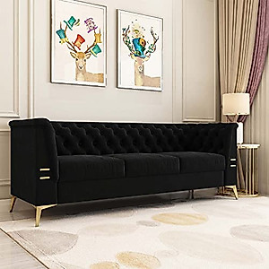 Gooamz Black Velvet Couch Sofa, 82 Inch Wide Modern Tufted Chesterfield Sofa with Flared Arms and Golden Metal Legs, Upholstered 3-Seater Sofa Large Comfy Couches for Living Room (Black)