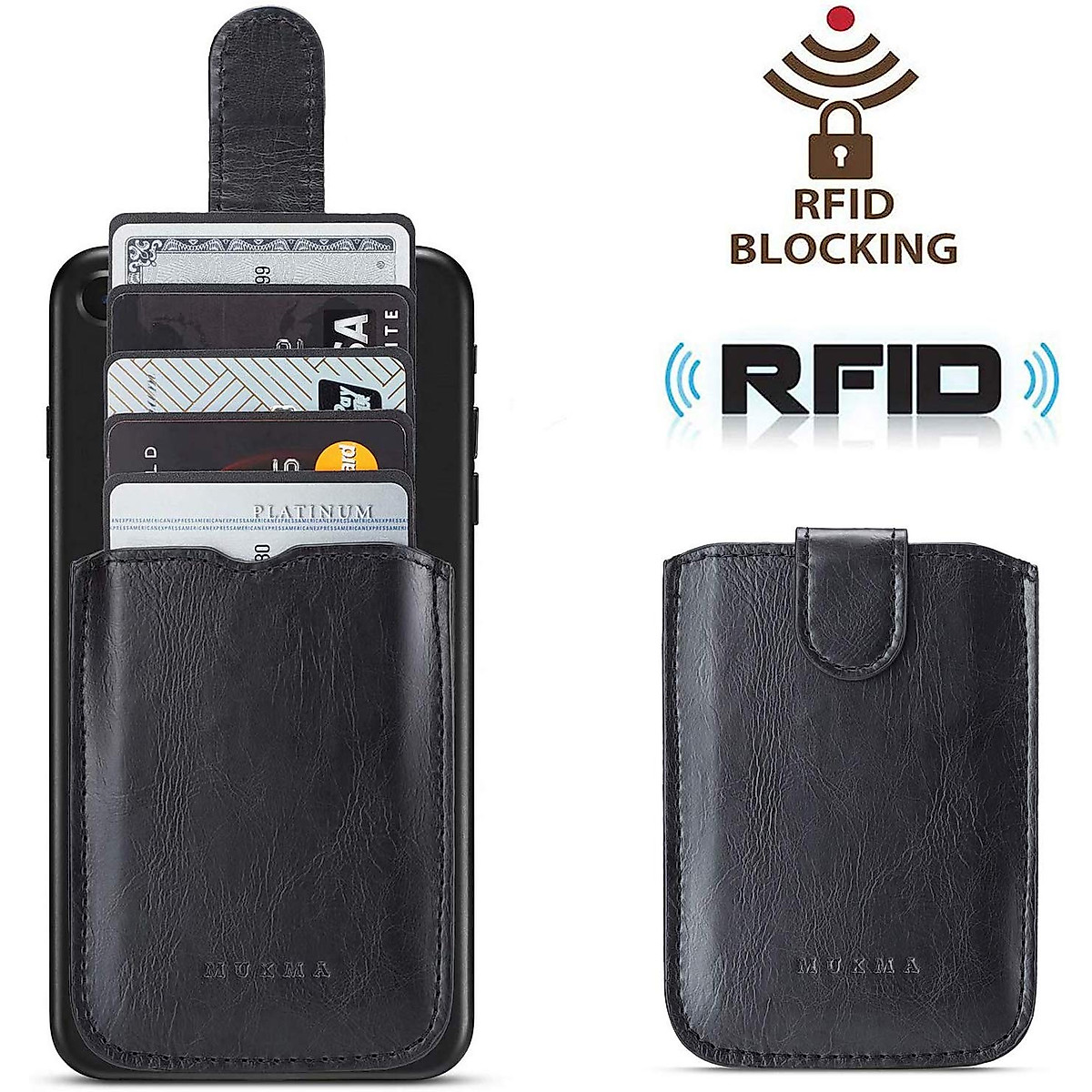 MUMUGUO Card Holder for Back of Phone,Pu Leather RFID Blocking 5 Pull Credit Card Cash Cell Phone Wallet Pocket Stick on Back iPhone
