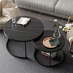 Nesting Coffee Table, Striped Black Modern Round Coffee Table Set of 2 for Living Room,Office,Balcony, Sintered Stone Coffee Table with Metal Frame