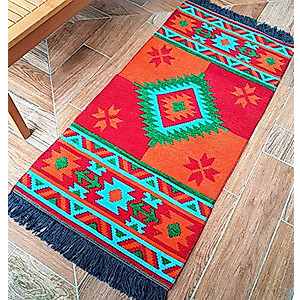 Secret Sea Collection, Mexican Area Rug, Washable Reversible Entrance Kitchen Bathroom Living Room Bedroom Dinning Room Country Farmhouse Authentic (2' x 4' ft, Red,Orange-Turquoise)