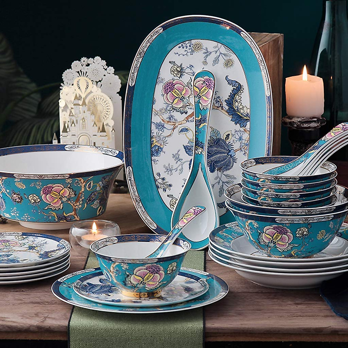 Table Service Crockery SetFine Dinner Set,Dinner plate Dinnerware Set, 50 Piece Upscale Ceramics Dinner Set - Bowl/Dish/Soup Pot | Bone China Porcelain Combination Set Suitable for housewarmingurant