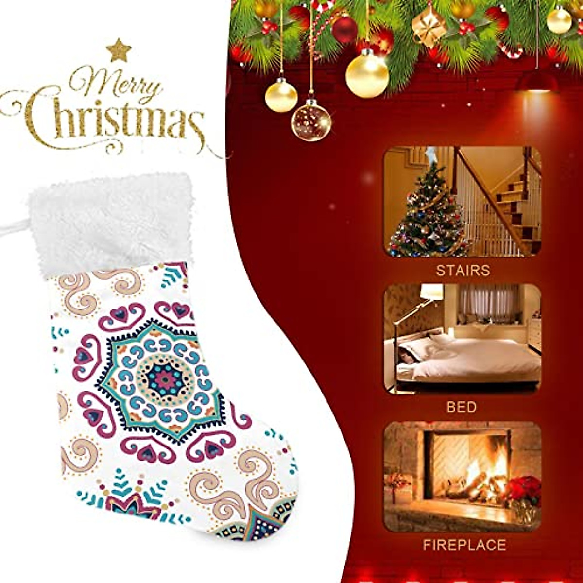 Kigai Christmas Stockings Bohemian Ceramic Style Large Candy Stockings Stuffers Kids Cute Xmas Sock Decorations 1PC for Home Holiday Party 12" x18"