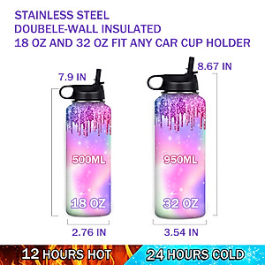 Caisuedawn Personalized Girls Water Bottle Print 18oz/32oz Custom Name Stainless Steel for Kid Sport Water Bottle with Straw Insulated Handle Waterbottle Gift for Teen School Sports Travel