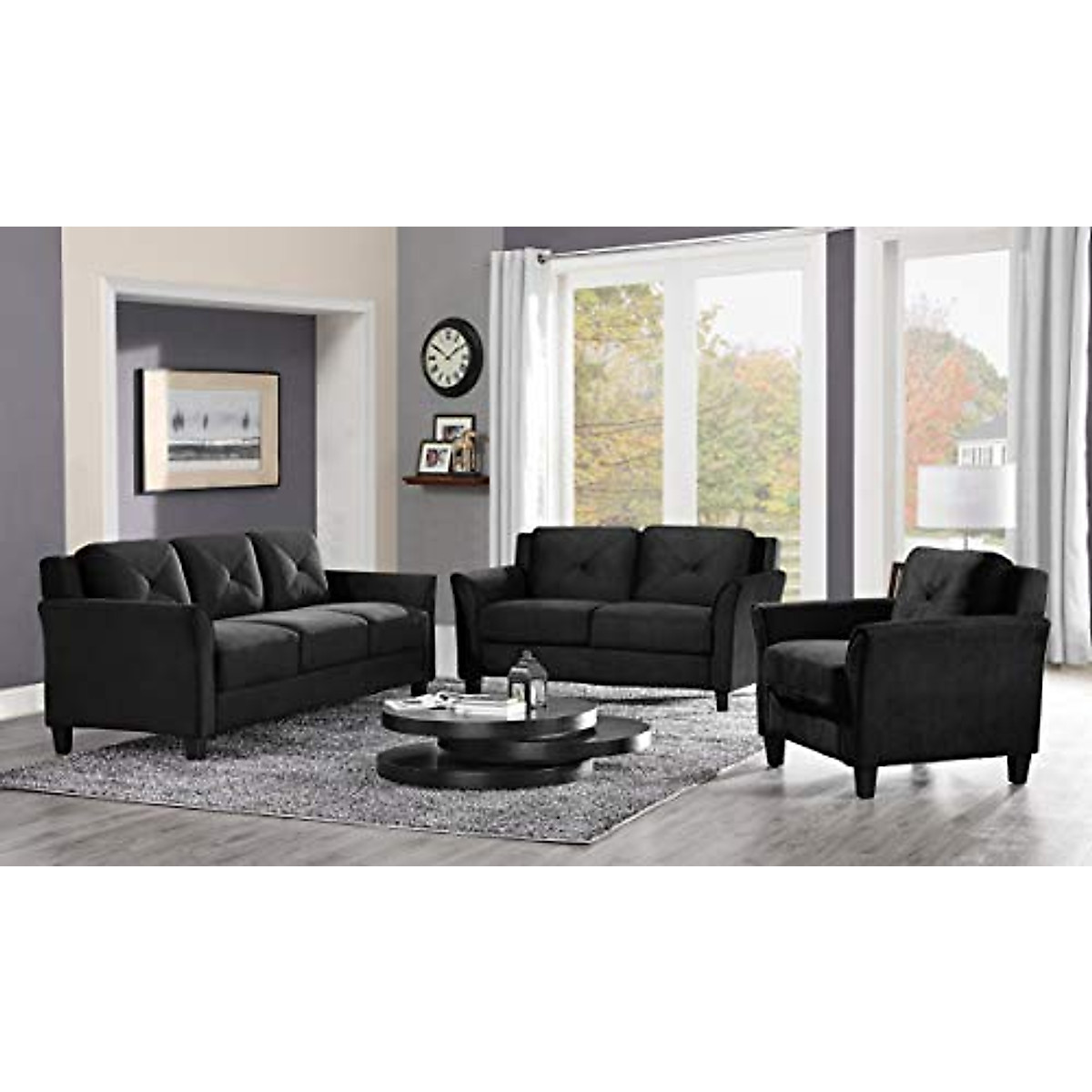 LifeStyle Solutions Grayson Love Seats, 57.87"x32"x32.68", Black & Lifestyle Solutions HRFKS3BK Grayson Sofa, 78.7" W x 31.5" D x 32.7" H, Black