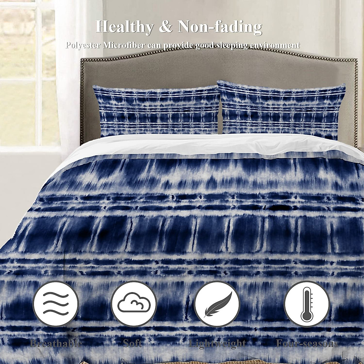 Shrahala Blue Tie Dye Duvet Cover Set Twin Size, Shibori Striped Navy Indigo Abstract Folk 3 Pieces Soft Brushed Duvet Covers with Button Closure, 100% Cotton (No Comforter)