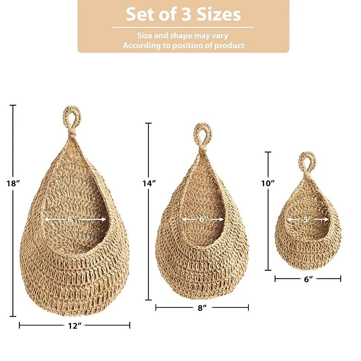 Crandek Boho Jute Hanging Basket - Wicker Hanging Fruit Basket for Fresh Produce Storage, Vegetable Keeper for Potato, Onion Garlic, Plant Holder - Handmade Kitchen Pantry Organizer (3 Size Pack)