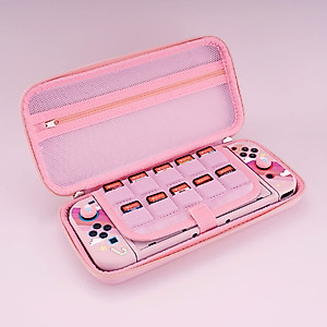 PlayVital Pink Cute Carrying Case for Nintendo Switch & OLED, Thumb Grip Caps & Kitten & Chicken Slim Travel Case for Switch Portable Hardshell Girl Storage Game Accessories
