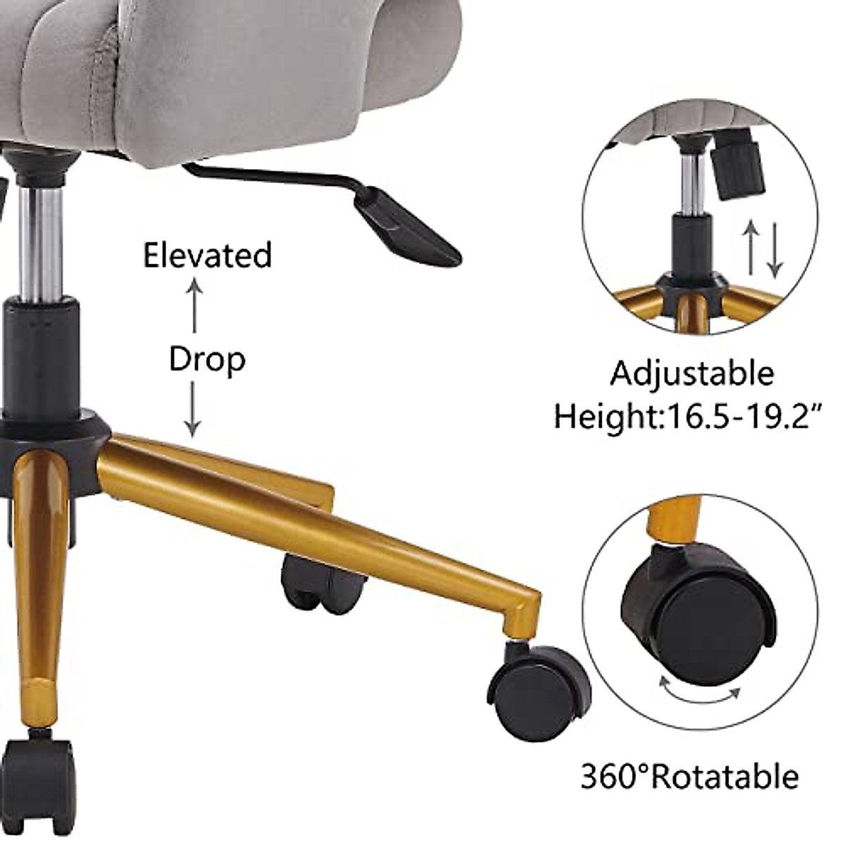 Home Office Cute Desk Chair Swivel Velvet Desk Chair Modern Cute Desk Chair  with Gold Base for Girls Women Ergonomic Study Seat Computer Task Stools for Living Room (Grey)