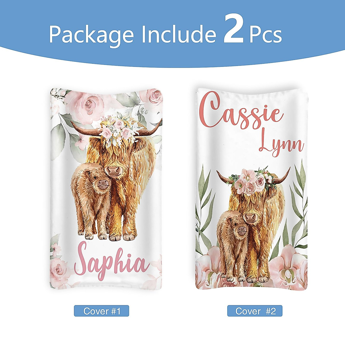 Personalized Changing Pad Cover, Custom Diaper Change Table Sheets with Name, Pink Floral Highland Cow Soft Jersey Knit Change Table Sheets for Girls, 2 Pack Changing Pad Covers (16" x 32")