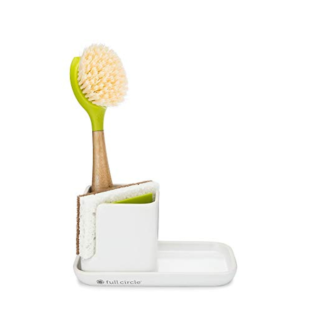 Full Circle Kitchen Sink Set - Ceramic Organizer with Be Good Dish Brush and In a Nutshell Scrubbing Sponges, Green