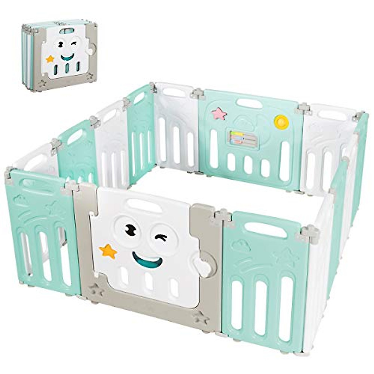 Costzon Foldable Baby Playpen, 14-Panel Baby Play Yards with Lock Door & Anti-Slip Rubber Bases, Indoor Outdoor Safety Baby Fence with Adjustable Shape for Children Toddlers (14 Panel, Green + White)