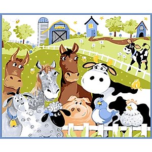 Generic Susybee's Barnyard Blues Panel Print Cotton Fabric, Blue