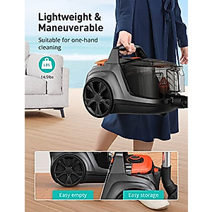 Aspiron Canister Vacuum Cleaner, 1200W Lightweight Bagless Vacuum Cleaner, 3.7QT Capacity, Automatic Cord Rewind, 5 Tools, HEPA Filter, Pet Friendly Vacuum Cleaner for Hard Floors, Carpet, Pet Hair