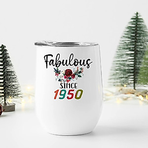 PAW8888 Fabulous Since 1950 74th Birthday Wine Tumbler Gifts for Her, Women, Wine Glass with Lid Birthday Gift Friend Coworker Wife Sister, Grandma, Bestie Christmas Gift - White