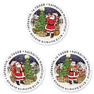 Vintage Santa Round Christmas Return Address Labels - Set of 144 1-1/2" Diameter Self-Adhesive, Flat-Sheet Labels (3 Designs)