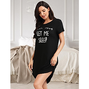 EISHOPEER Womens Sleep Shirts Soft Night Shirt Short Sleeve Nightgown Cute Sleep Wear Dress Black