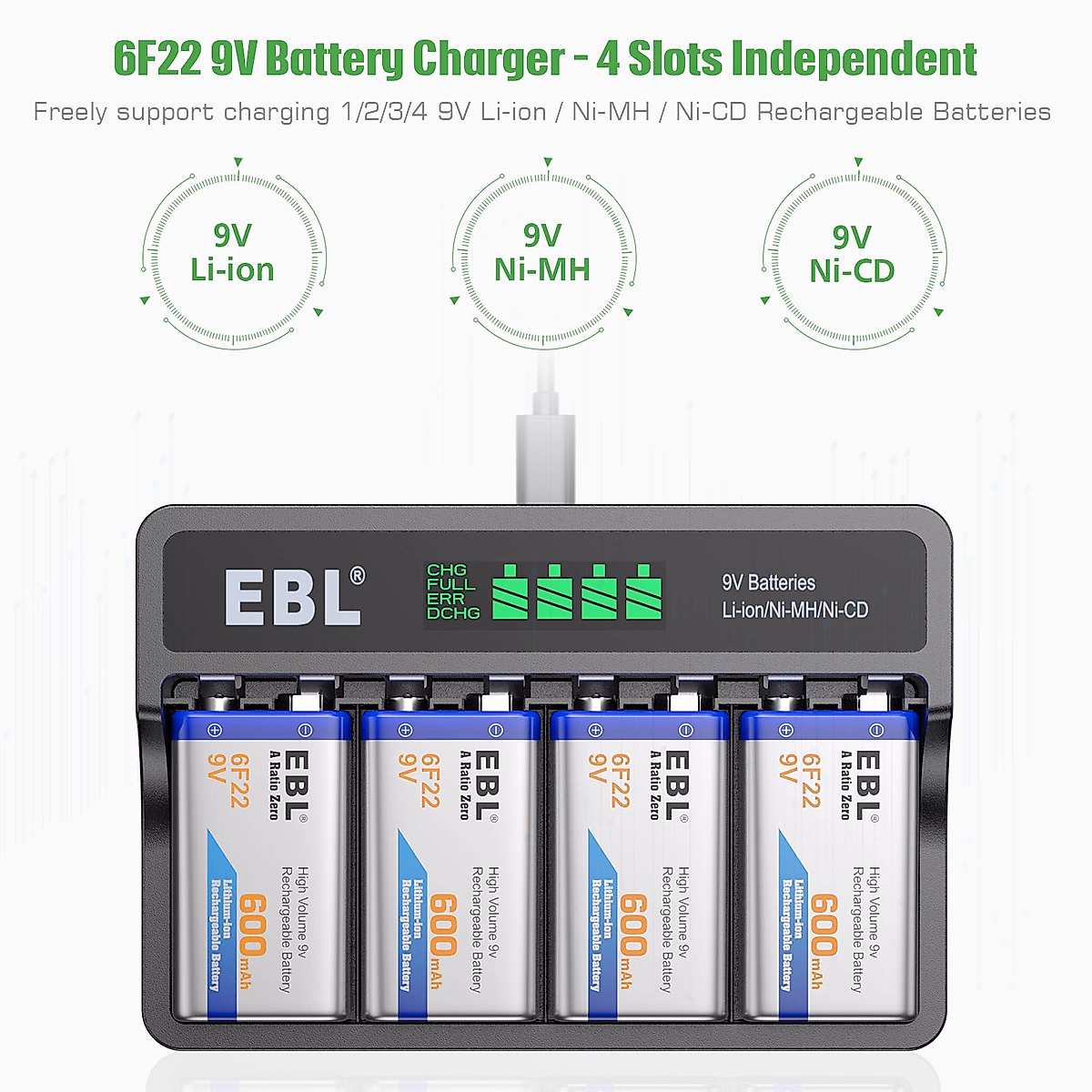 EBL 9V Li-ion Rechargeable Batteries 600mAh 4-Pack with LCD 9V Smart Battery Charger for 9 Volt Lithium-ion/Ni-MH/Ni-CD Rechargeable Batteries