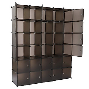 VINGLI Cube Storage Organizer, Plastic Closet Cabinet, DIY Plastic Modular Book Shelf Unit, Cube Shelves with Doors and Hanging Rods (Brown, 30 Cube- Deeper)