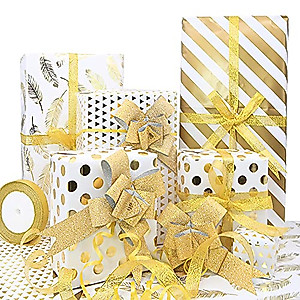 Gift Wrapping Supplies,8 Sheets White Gold Gift Wrapping Paper with 10 Pull Bows 24 Yard Glitter Ribbon and 12 Thank You Lable Sticker for Birthday Gift Wrap Christmas Gift Packing DIY Paper Craft