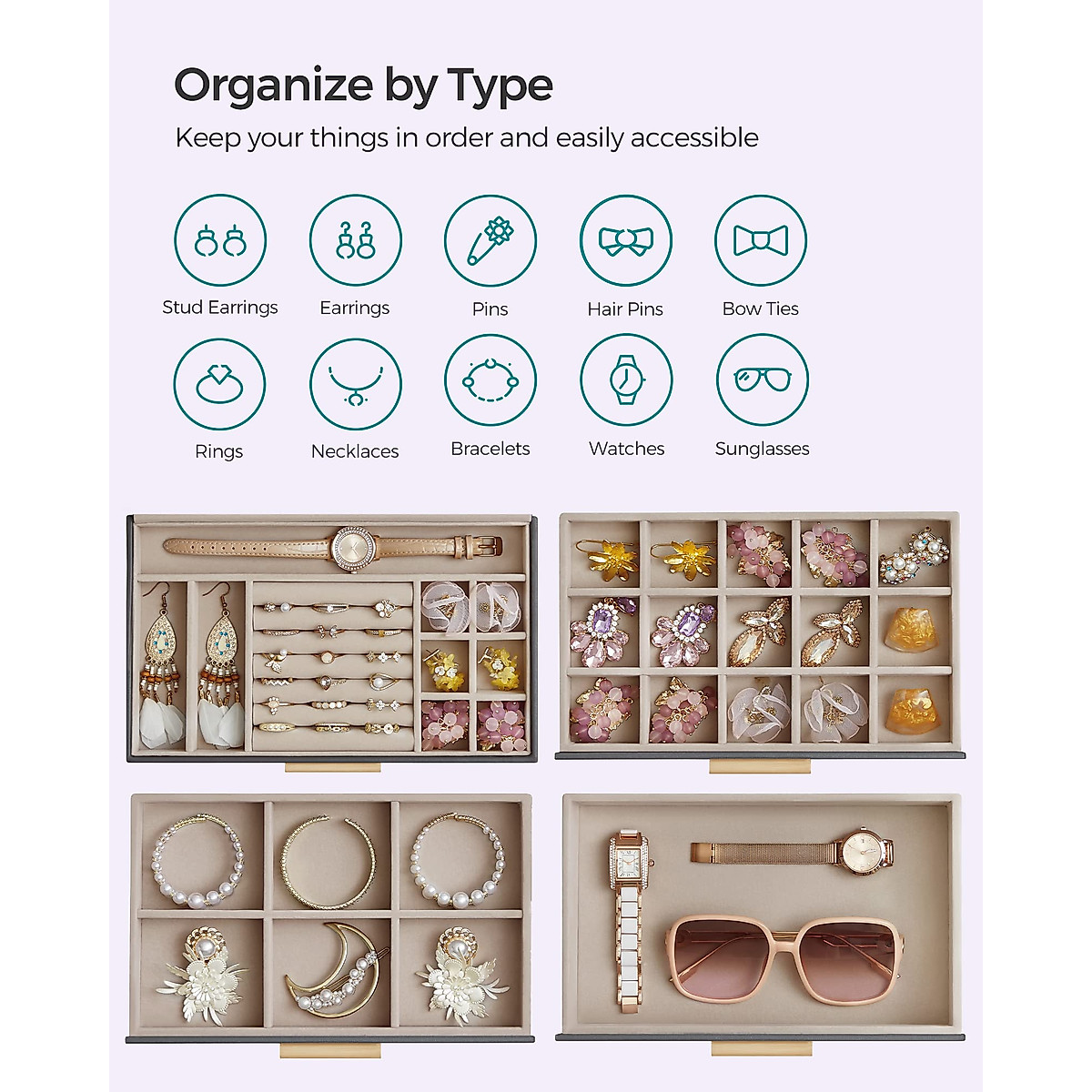 SONGMICS Jewelry Box with Glass Lid, 4-Layer Jewelry Organizer, 3 Drawers, for Sunglasses, Big Jewelry, Jewelry Storage, Modern Style, Gray and Gold Color UJBC161C01