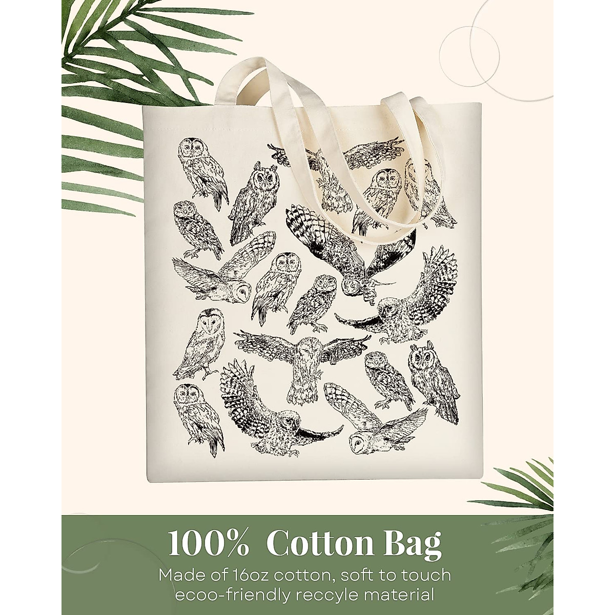 AUSVKAI Canvas Tote Bag Aesthetic for Women, Cute Trendy Owl Hand Drawn Reusable Cloth Cotton Bags with Handle for Grocery College Shopping Beach