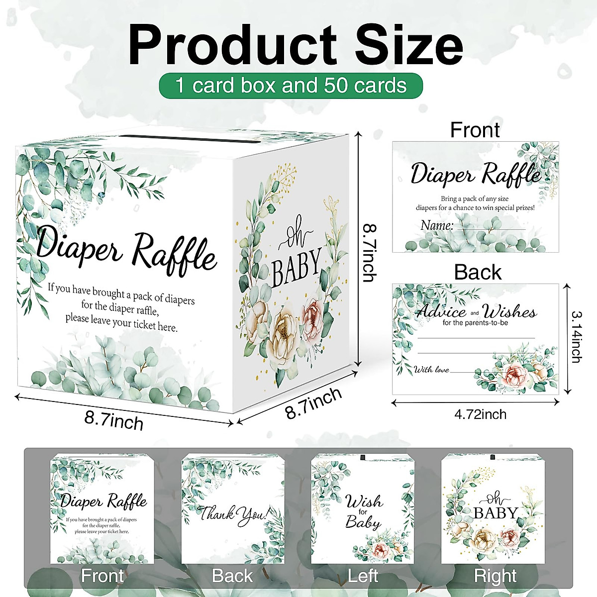 50 Pcs Greenery Diaper Raffle Card Box for Baby Shower, Diaper Raffle Tickets with Advice and Wishes for the Parents-to-be, Baby Shower Card Box Party Decorations, Party Favors Decorations Supplies