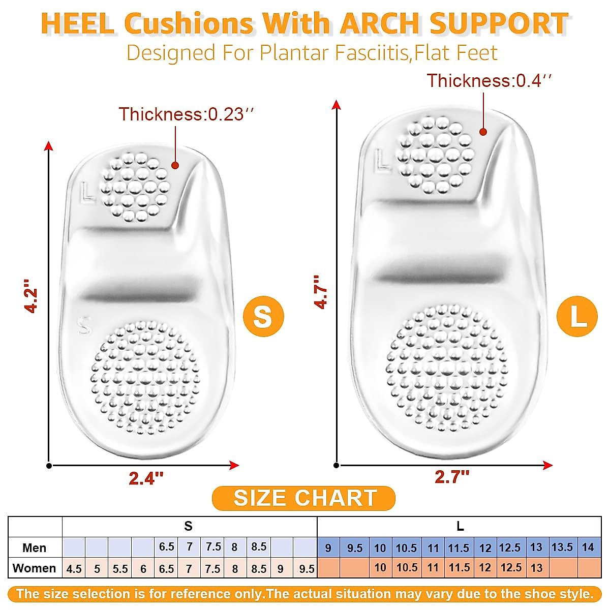 Heel Cushions Cups Shoe Insoles for Achilles Tendinitis, Plantar Fasciitis, Arch Support Shoe Inserts for Flat Feet, Gel Heel Pads for Heel Pain, Heel Spurs-Two Pairs (Small, Clear)