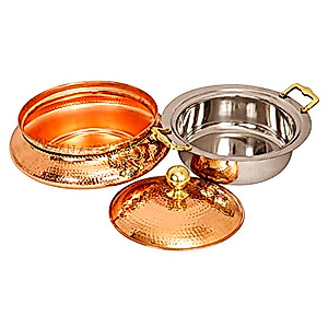 Indian Art Villa Steel Copper Hammered Chafing Dish With Brass Knob And Handles, Capacity - 8 Liters.