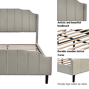 RUNWON Queen Size Upholstered Platform Bed,Bed Frame with Headboard and Footboard for Living Room/Bedroom, Velvet Fabric,Gray