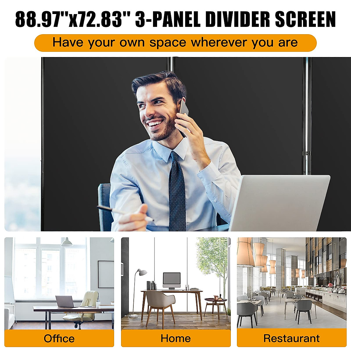 ALMOOGH Office Partition 89" W x 14" D x 73" H Room Divider Wall 3-Panel Office Divider Folding Portable Office Walls Divider with Non-See-Through Fabric Room Partition Black for Room Office