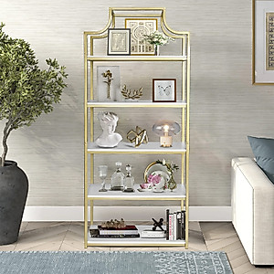 TooCust 5-Tier Gold Bookcase, 29.5" Lx70.6 H, Bookshelf for Bedroom,Gold Book Display Shelf, Arched Bookcase, Organizer Rack for Living Room, Gold Freestanding Display Shelf,White and Gold Bookshelf