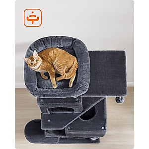 Feandrea Cat Tree, 61-Inch Cat Tower for Indoor Cats, Plush Multi-Level Cat Condo with 5 Scratching Posts, 2 Perches, 2 Caves, Hammock, 2 Pompoms, Smoky Gray UPCT192G01