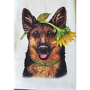 Mary Lake Thompson German Shepherd Dog Sunflower 100% Cotton Flour Sack Dish Tea Towel 30" x 30"