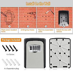 Key Lock Box Wall Mounted, Fayleeko 4 Digit Combination Lockbox for Outside, House Keys - 5 Keys Capacity, Key Safe Security Storage Lock Box for Indoor, Outdoor, Garage, Garden, Store (1-Pack, Gray)