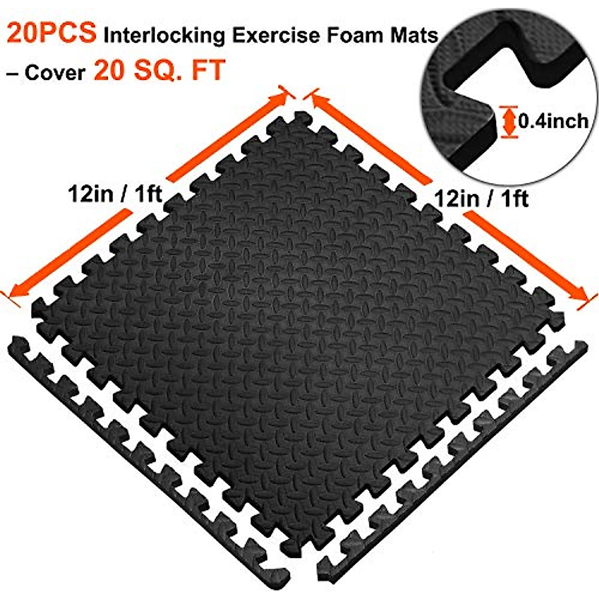 Walsai Exercise Mats Puzzle Foam Mats Gym Flooring Mat Cover 20 SQ.FT Interlocking Foam Mats with EVA Foam Floor Tiles for Home Gym Equipment Workouts Black