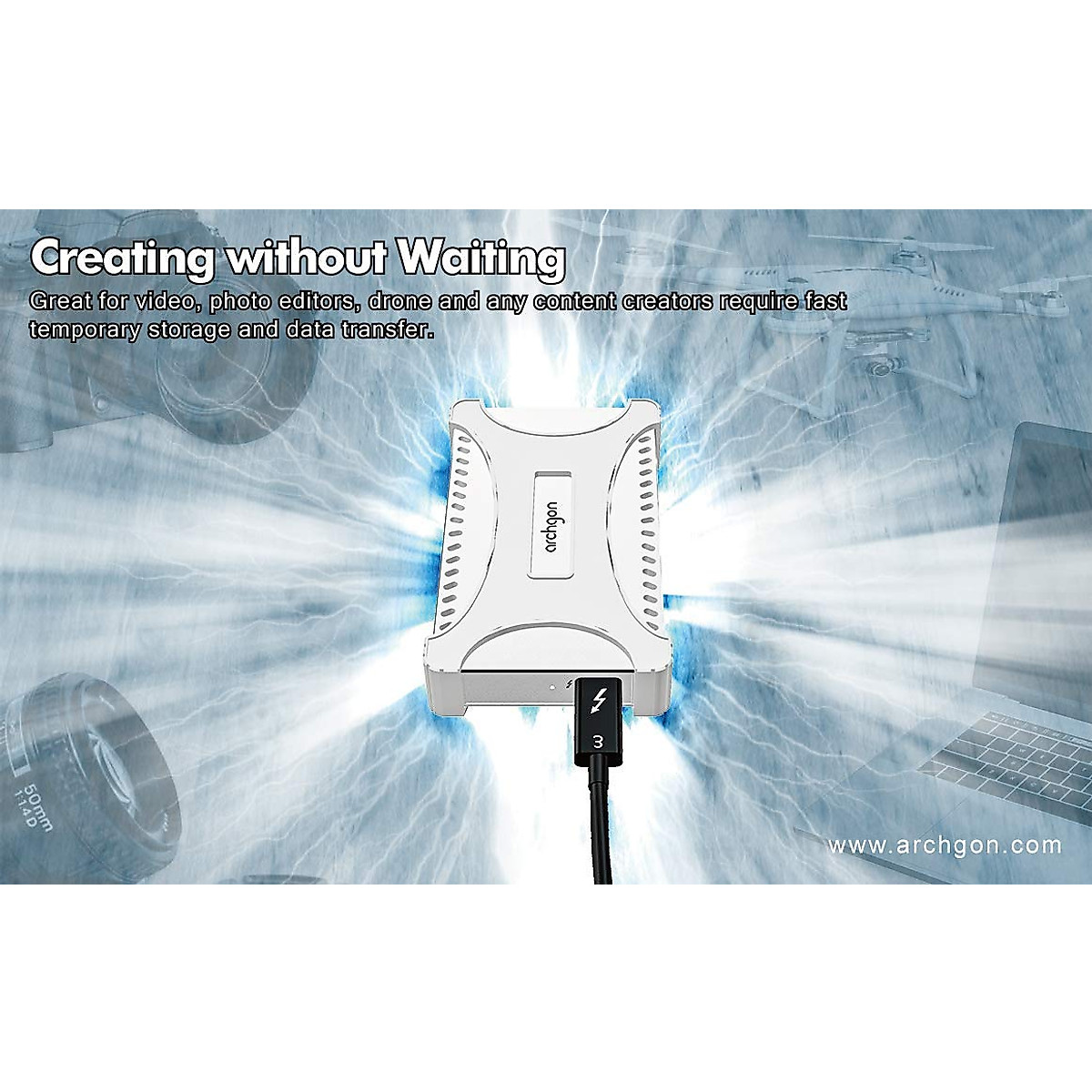 archgon 2TB Thunderbolt 3 Aluminum External NVMe SSD Drive with Combo Thermal Pads and Silicone Protector Model X70 II (2TB, Silver)